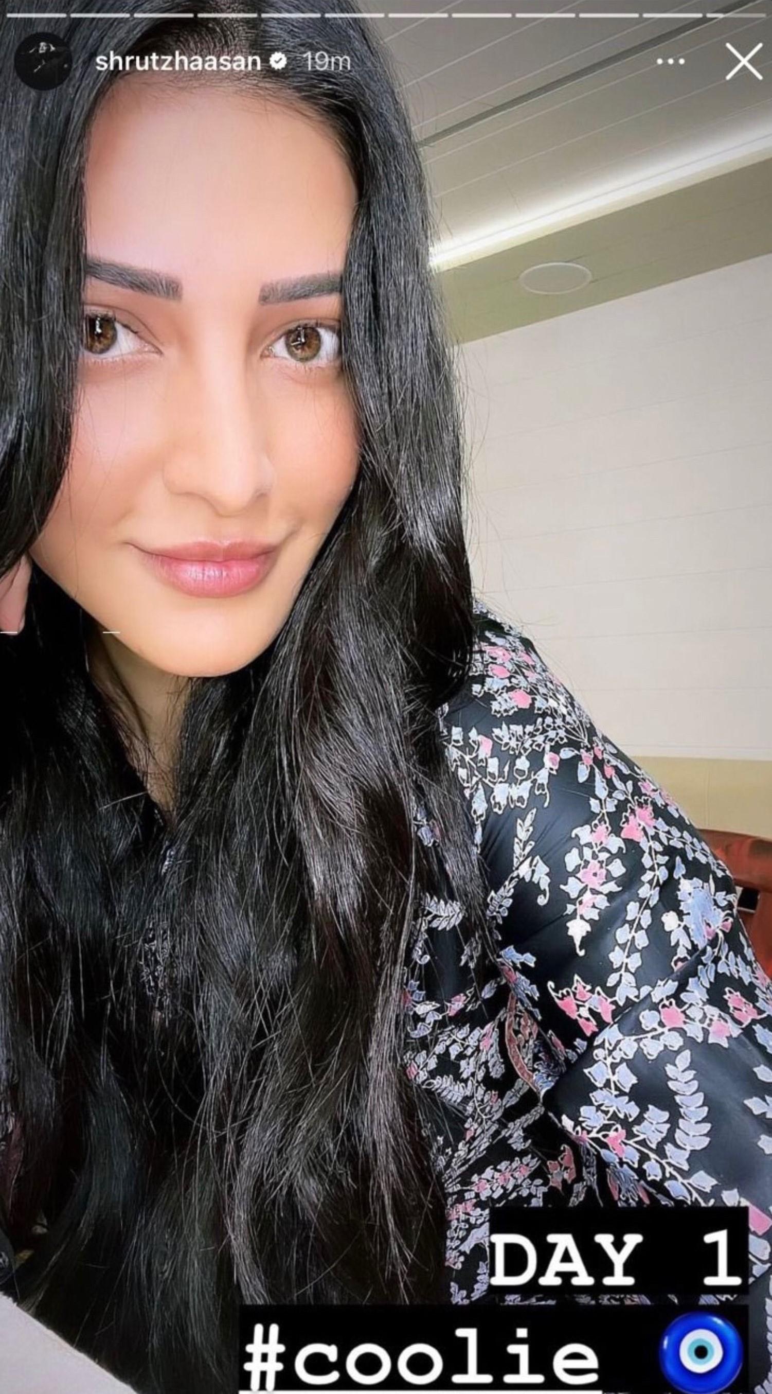 Coolie Shooting Begins Shruthi Haasan Drops Selfie From Rajinikanths Film Sets Tamil Movie